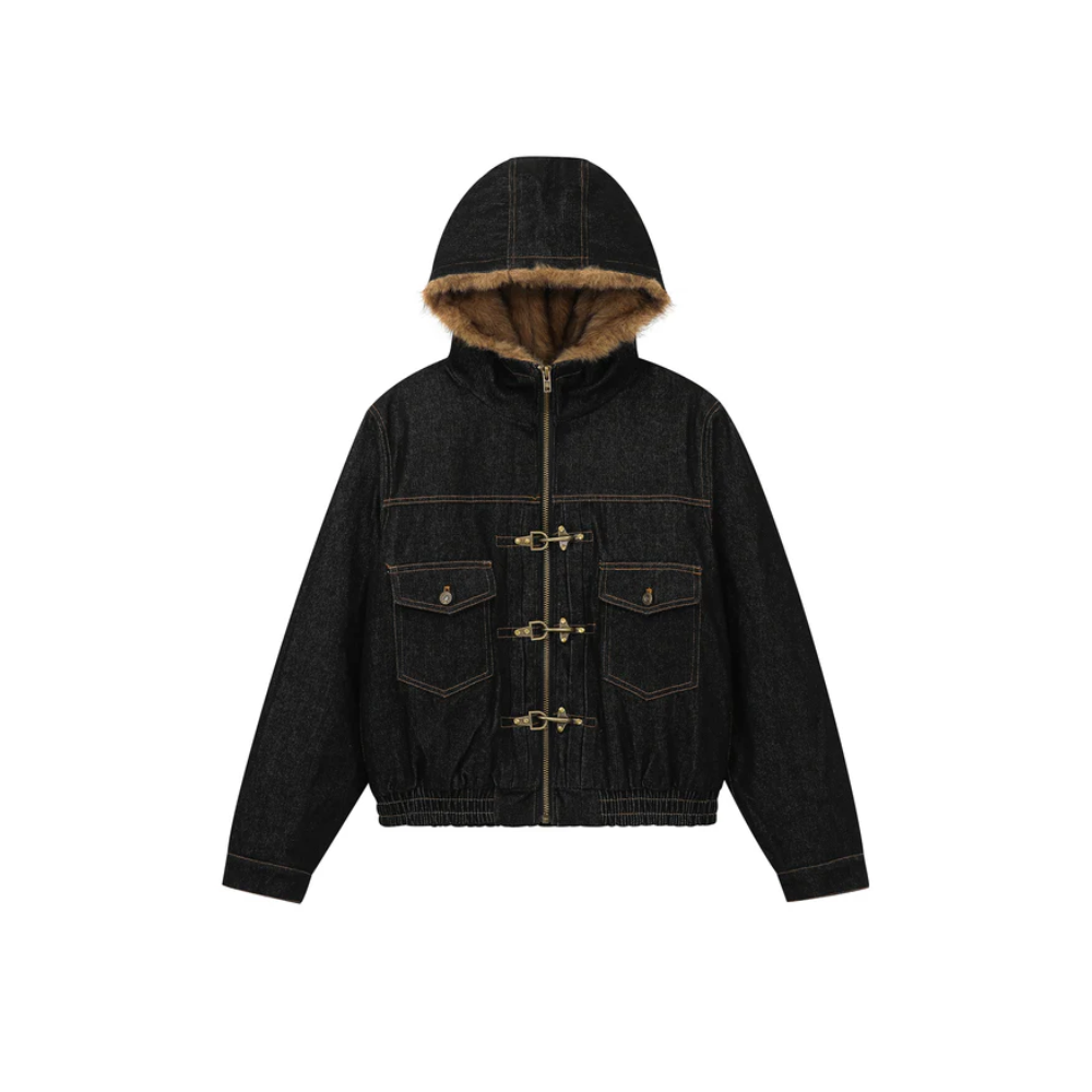 Fur-Lined Hooded Fireman Clasp Denim Bomber Jacket – ZNTH Archive